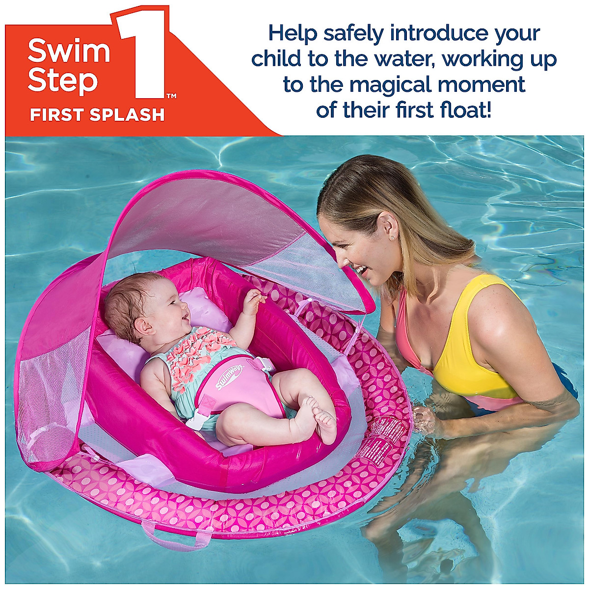 SwimWays Infant Baby Spring Float with Adjustable Sun Canopy - Pink Flower