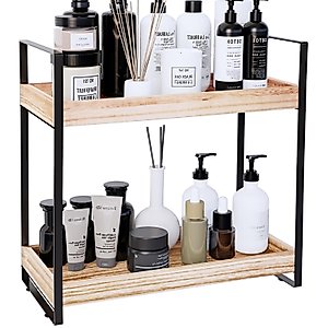 PUNMEYCOOL 2-Tier Bathroom Counter Organizer, Hidden Screw Holes Wood Countertop Organizer Shelf, Skincare Storage Tray for Vanity Counter Corner, Kitchen