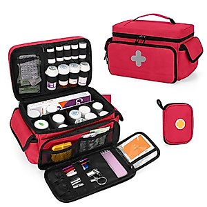 CURMIO Medicine Storage Bag Empty, Lockable Pill Bottle Organizer with Portable Zippered Pouches for First Aid Kits, Medicine Box for Home and Travel, Red (Patent Pending)