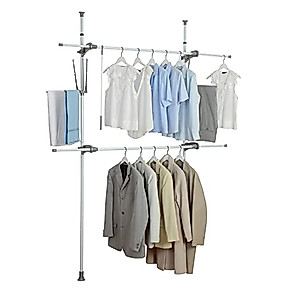 WENKO Herkules Flex Garment Rack, Rail, Adjustable, Tension Rod, Heavy Duty, for Hanging Clothes, Storage, Organizer, with Shelves, 14.2 x 74.8 x 118.1 inch, White