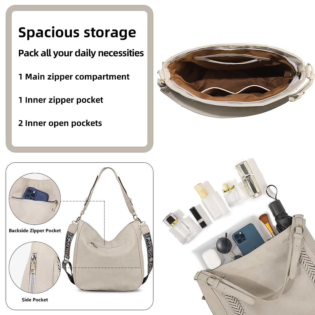 EMBRUNIOICE Large Hobo Bags for Women, Vegan Leather Hobo Purse and Handbag with Adjustable Guitar Strap, Ladies Crossbody Shoulder Bag (Light Grey)