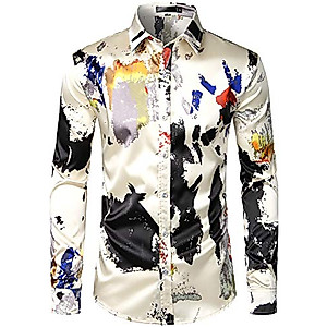 ZEROYAA Men's Hipster Splash Ink Design Silk Like Satin Button Down Dress Shirt for Party Prom ZLCL12-Beige Small