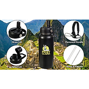 Picky Llama Sports Water Bottle - 32oz, 2 Lids (Straw & Spout), Paracord Handle, Leak Proof, Vacuum Insulated Stainless Steel, Double Walled, 24 Hours Cold, 12 Hours Hot, Reusable (32oz, Black)