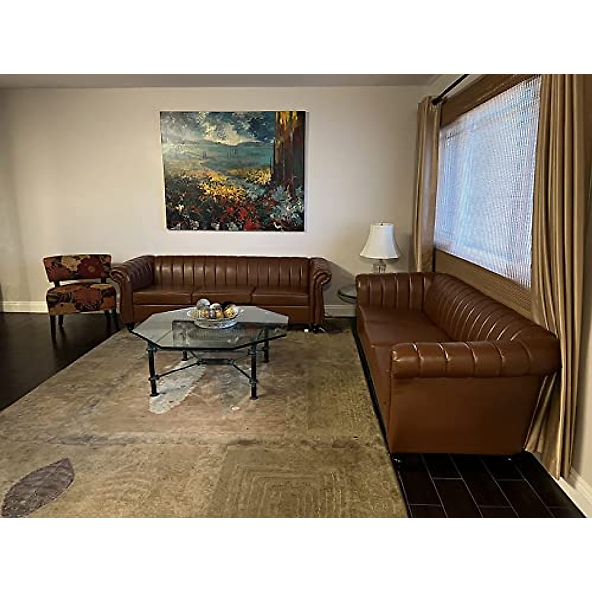 EMKK 84inch 3 Seater Sofa Modern Upholstered Couch Faux Leather Sofá for Living Room, Rolled Arm Chesterfield Small Spaces,Bedroom,Apartment,Dorm,Office, Dark Brown 84''