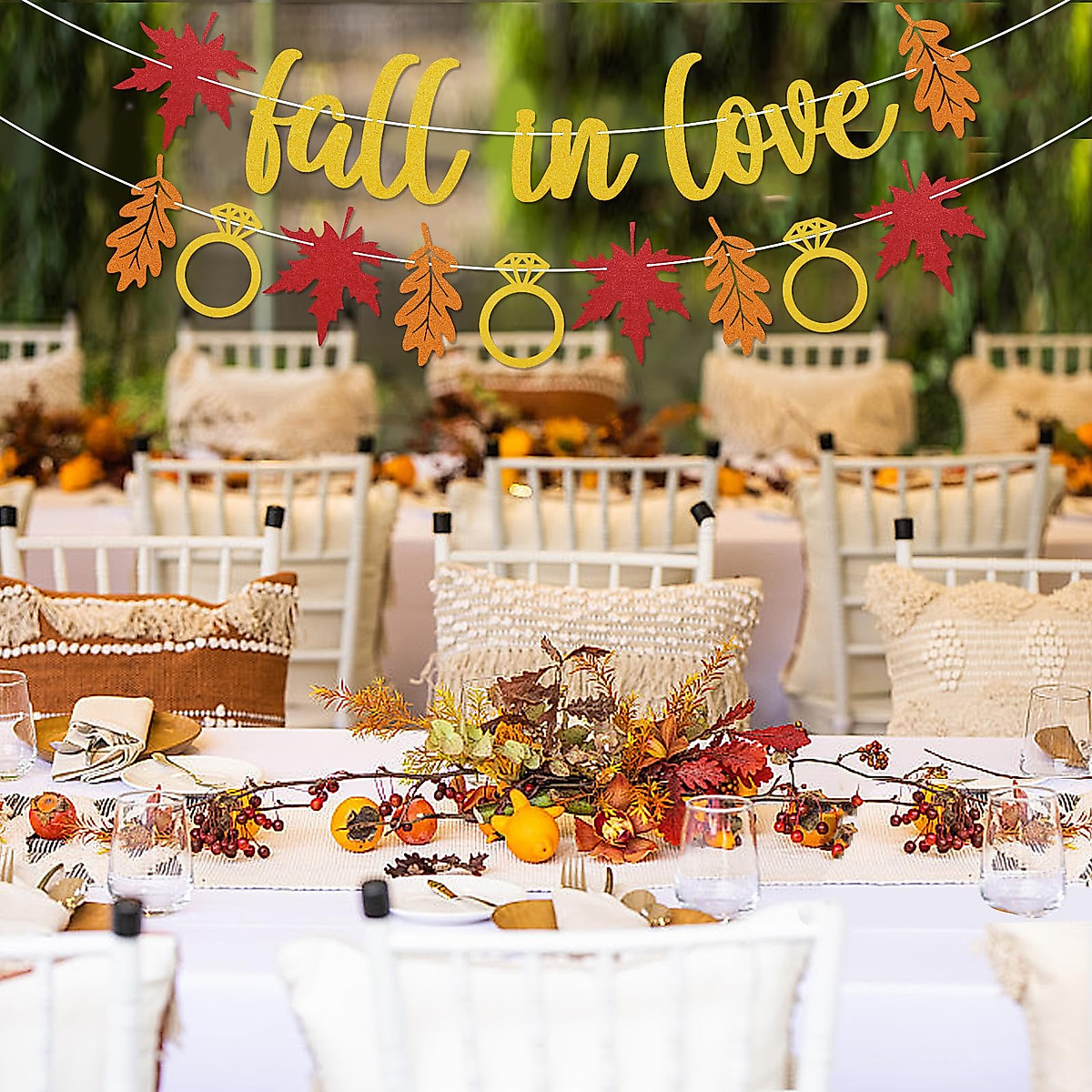 Fall in Love Banner - Fall Bridal Shower Decor, Autumn Maple Leaves Ring Theme Bridal Wedding Party Decorations Gold Glitter