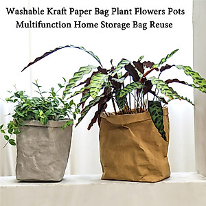 AKOAK 1 Pack Washable Kraft Paper Bag, Multifunctional Home Wear-resistant Storage Bag, Shopping Bag, Plant Flower Pot, Reusable Eco-friendly Food Bag (khaki)