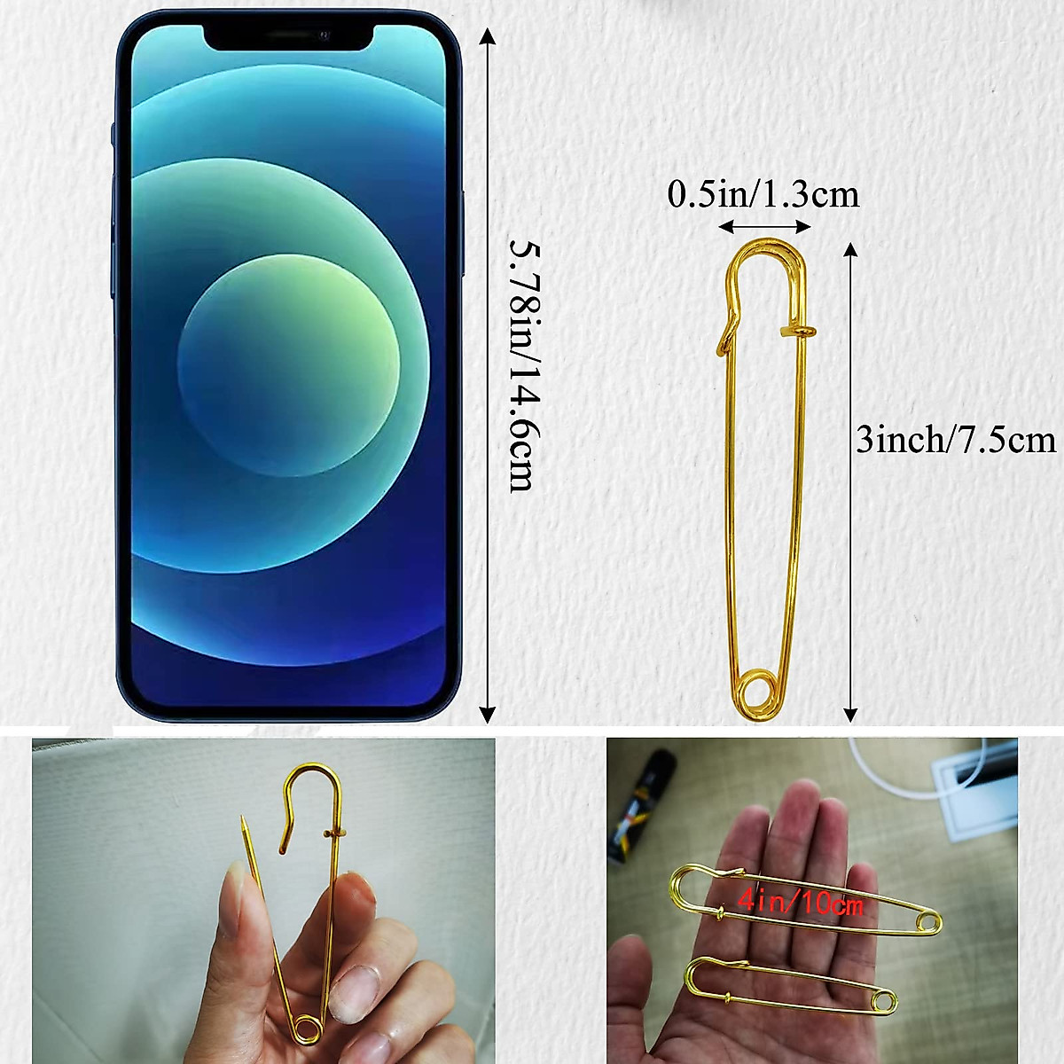 Urmspst Safety Pins (Upgraded), 3" Large Safety Pins Pack of 30 for Clothes Leather Canvas Blankets Crafts Skirts Kilts, Extra Large Safety Pin Heavy Duty Safety Pins (Gold)