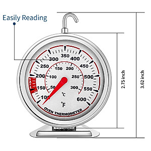 Oven Thermometer 100℉-600℉ & -40℃- 310℃ Double Scale 3 Inch Stainless Steel Large Dial Oven Grill Thermometer for Gas & Electric Oven,Grill Cooking,Accurate Oven Thermometer for Meat,Grilling,Cake