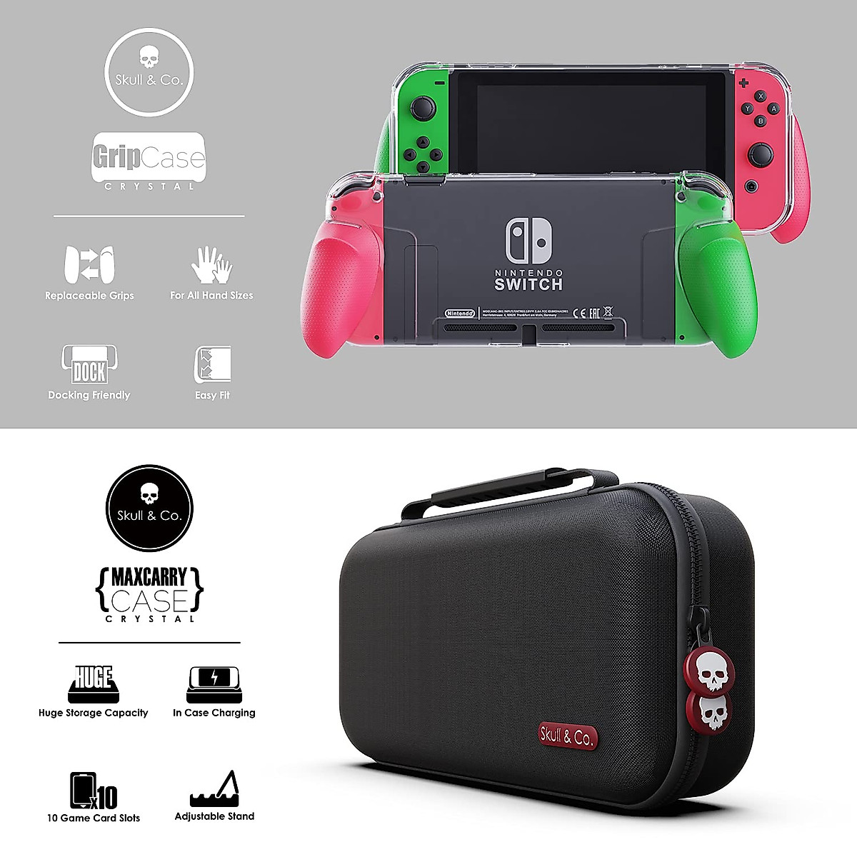 Skull & Co. GripCase Crystal Bundle: A Dockable Transparent Protective Cover Case with Replaceable Grips [to fit All Hands Sizes] for Nintendo Switch -Neon Pink & Green