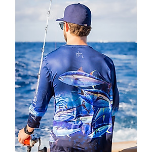 Guy Harvey Men's Frenzy Sun Protection Long Sleeve Shirt, Surf The Web/Frenzy, Large