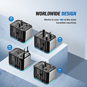 Unidapt Universal Travel Adapter One International Wall Charger AC Plug Adaptor with 5.6A Smart Power and 3.0A USB Type-C for USA EU UK AUS (UA-101, Blue)