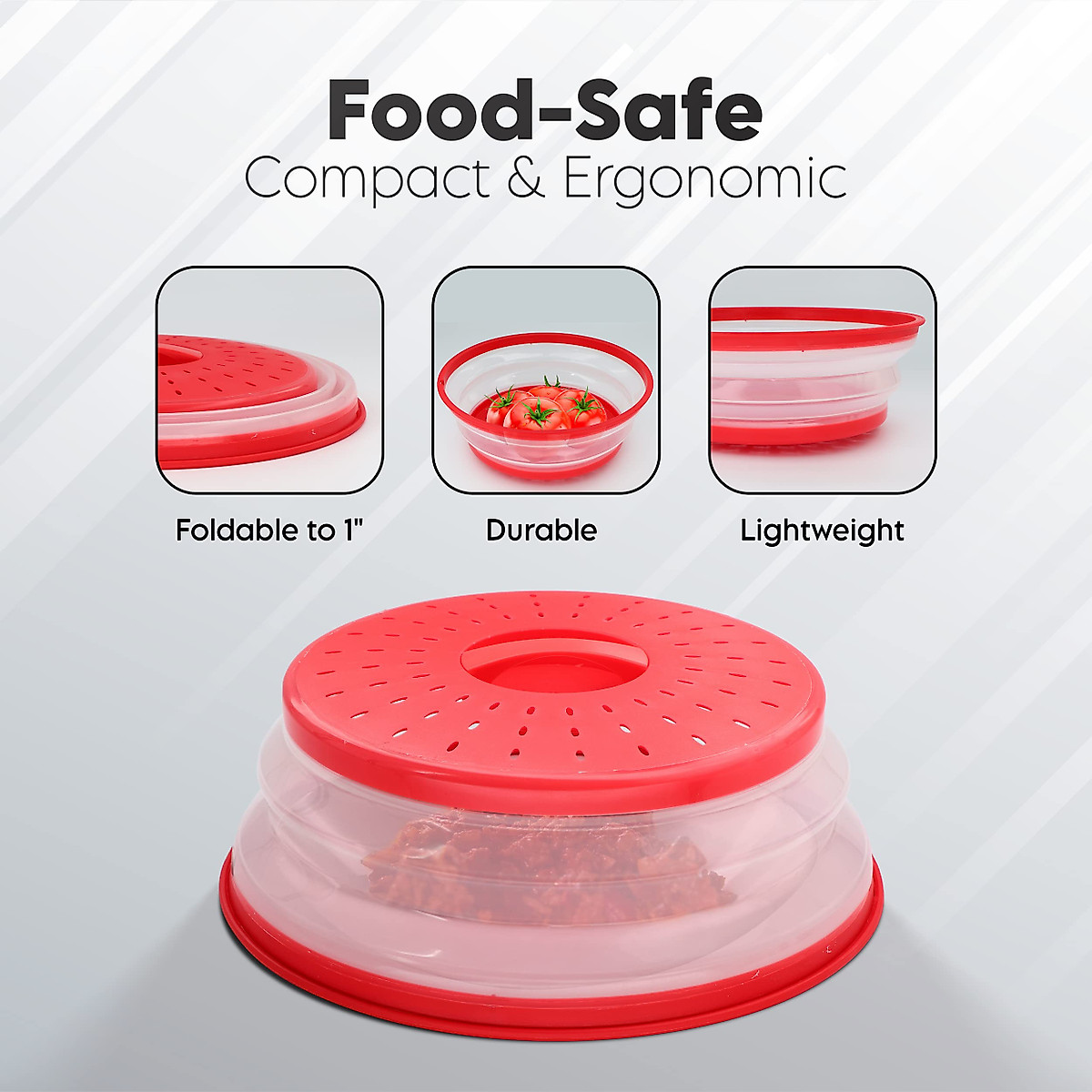 Microwave Cover for Food, Collapsible Microwave Splatter and Plate Covers Easy Grip Lid and Food Strainer, BPA Free and Dishwasher Safe, 10.5", Red - By Rampro