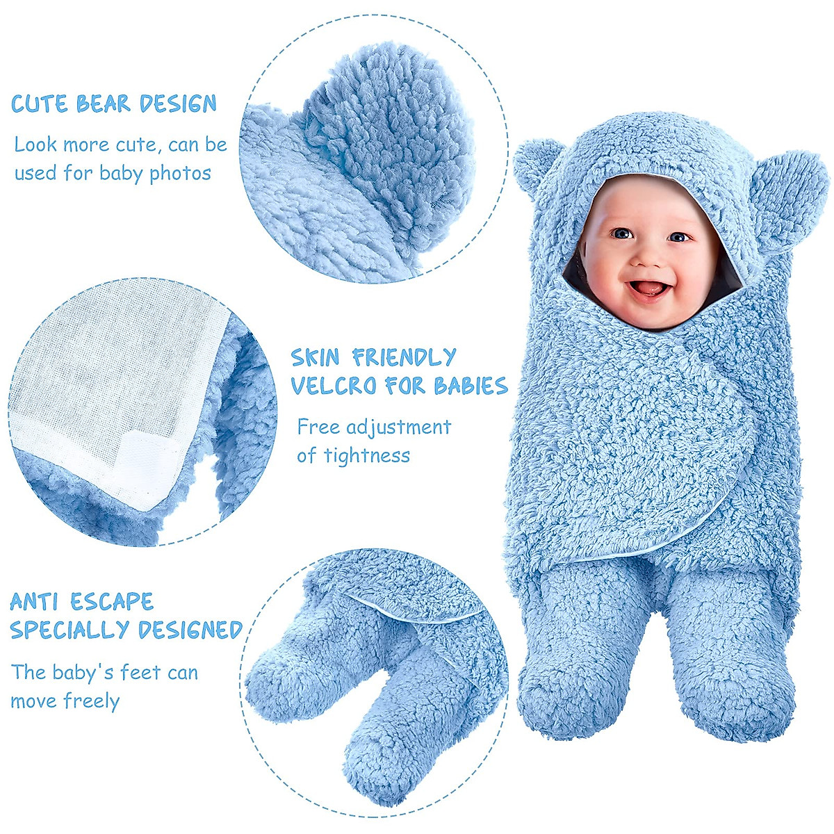 Tatuo 2 Set Newborn Plush Swaddle Blankets Cute Swaddle Hooded Swaddle Blanket Baby Boys Girls Receiving Hooded Sleeping Bag Infant Sleep Swaddling (Blue, Gray)