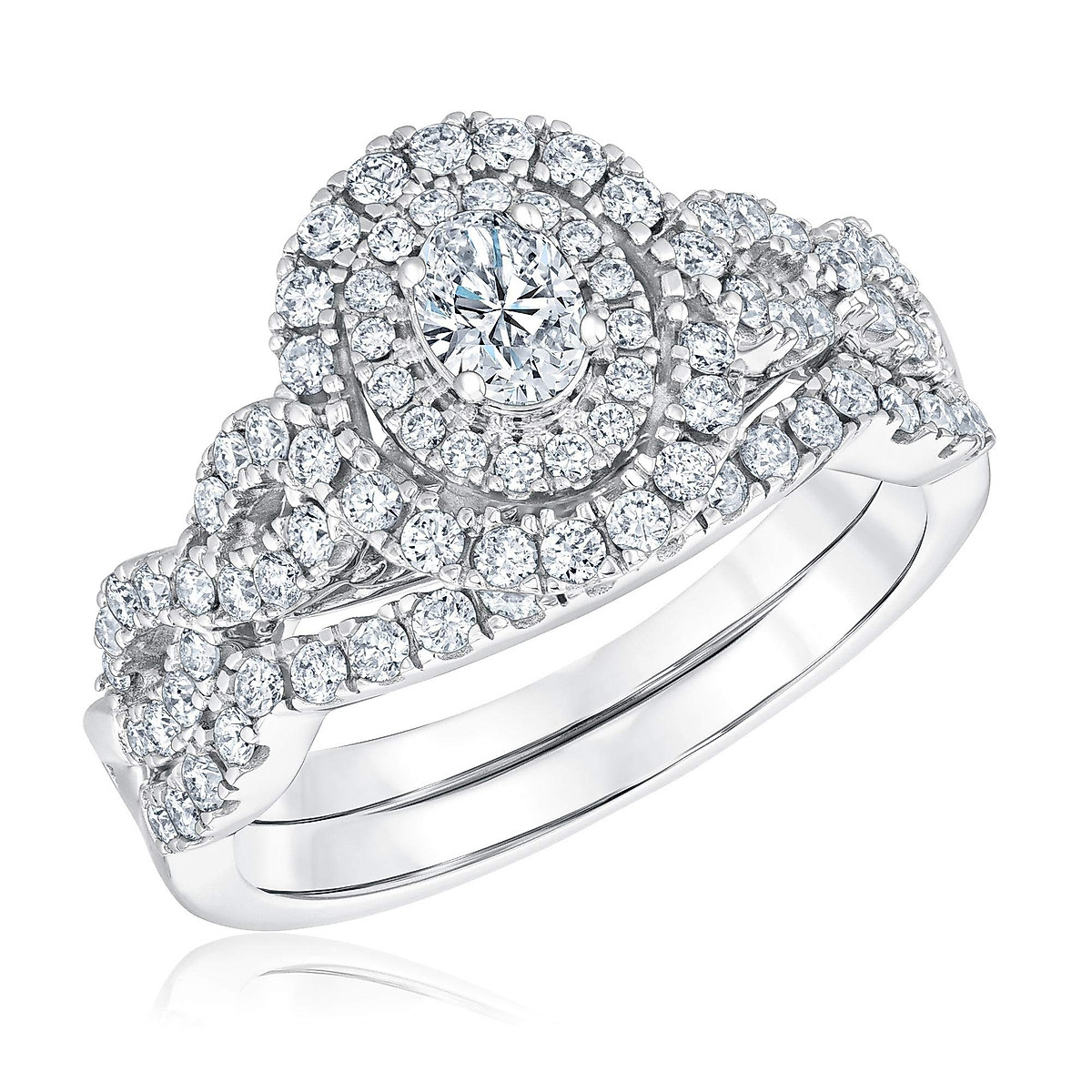 1ctw Oval Diamond Double Halo White Gold Engagement Ring and Wedding Band Set | Couture Collection - Size 6