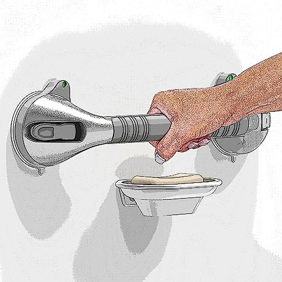 AquaChase 17“ Suction Shower Grab Bar with Indicators, Tool-Free Installation, Steady Handle for Balance Assist for Bathtub, Toilet, Bathroom, Dual Tone, Silver/Gray 2-Pack