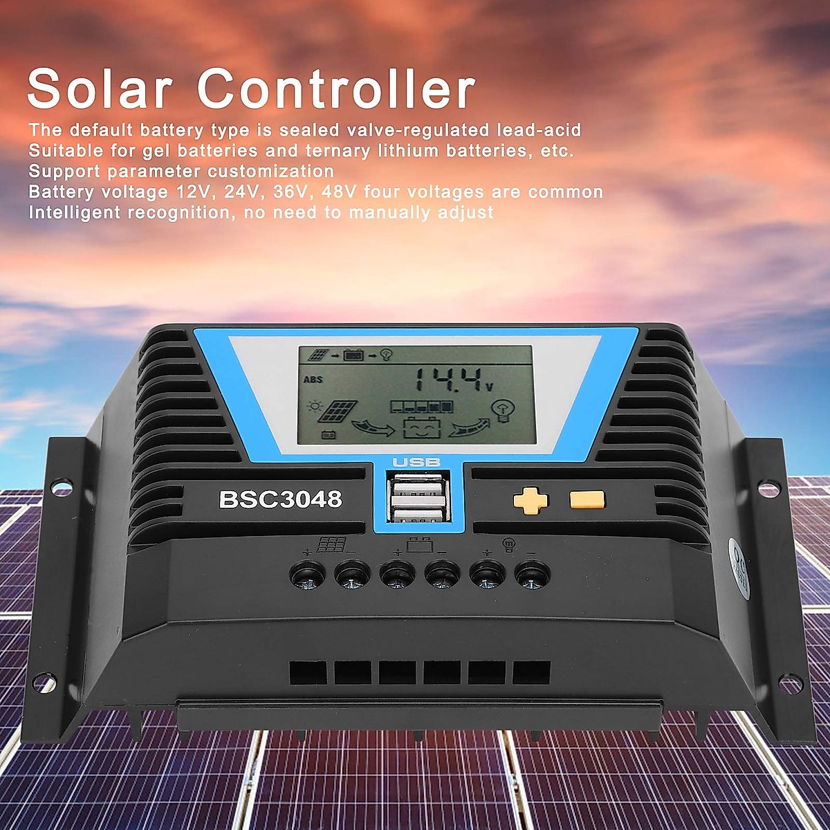 30A MPPT Solar Controller, 12V24V36V48V Intelligent Regulator, Charging Control, with Dual USB Port, LCD Digital Panel for Battery
