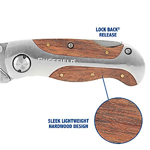 Sheffield 12525 Premium Lock Back Utility Knife 2 Pack, Box Cutter Knife, Carpet Knife, Drywall Cutter, Quick Change Blade, Aluminum And Wood Handle, Wood, Silver