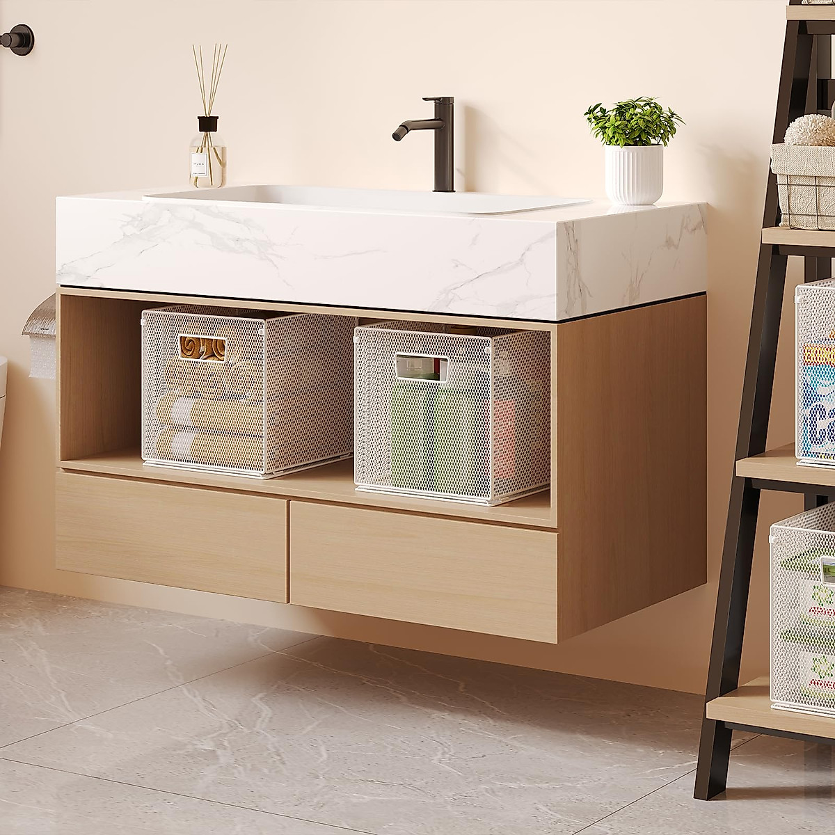 JKsmart Storage Cubes, Basket for Shelves with Handles, Set of 4 Storage Bins, Foldable Baskets for Organizing Toys, Books 10.5x10.5x10.5inch, Multipurpose Storage for Cabinet Bookcase, White