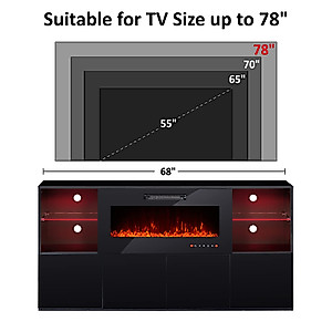 LUXOAK Fireplace TV Stand for TVs up to 75", Modern High Gloss Entertainment Center with 40" Fireplace, 4 Shelves & Storage Cabinets, Media Console Table 68 Inches, Black