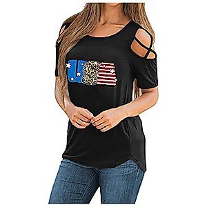 Womens Off-Shoulder Short-Sleeved T-Shirt American Flag Print Round Neck Basic Tee Casual Loose Independence Day Top (Black, S)