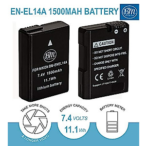 BM Premium EN-EL14A Battery for Nikon D3100, D3200, D3300, D3400, D3500, D5100, D5200, D5300, D5500, D5600, DF, Coolpix P7000, P7100, P7700 Digital SLR Cameras