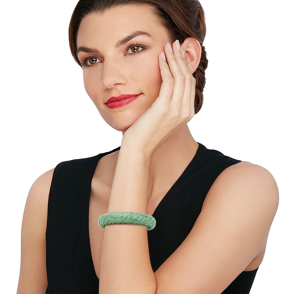 Ross-Simons Carved Jade Bangle Bracelet With 14kt Yellow Gold. 7 inches