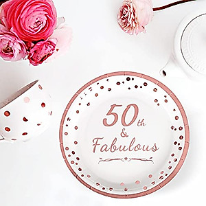 50th Birthday Rose Gold Women Party Supplies Plates Set, Disposable Paper Tableware for 24 Guests, 120pcs Include 7” and 9” Plates, 12 oz Cups, Napkins and Straws