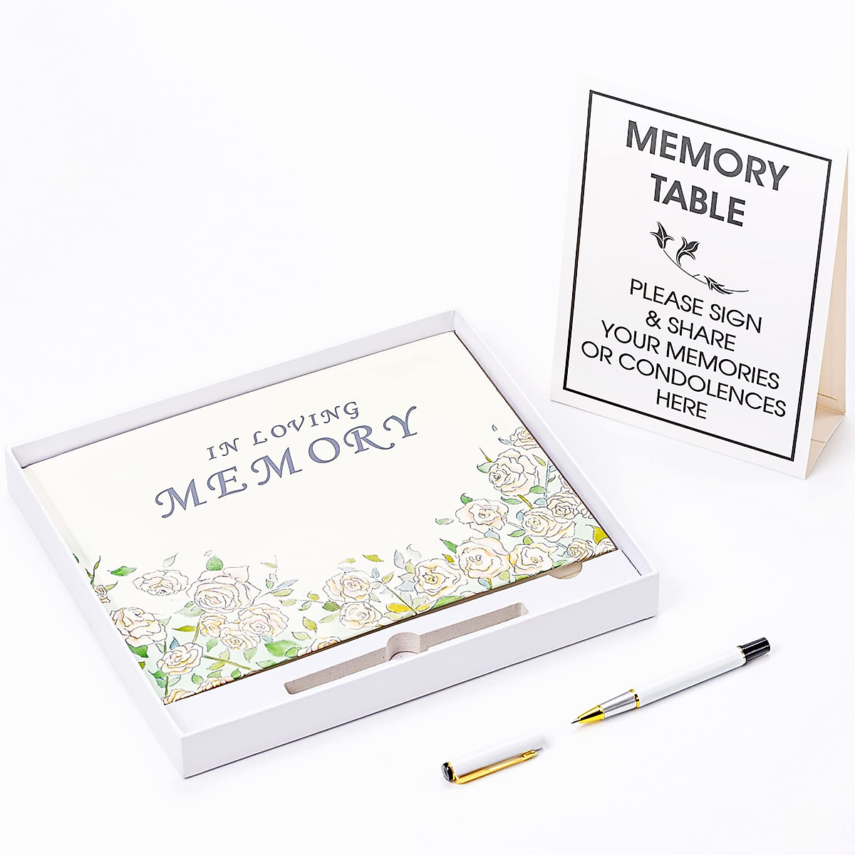 OEICYUA Funeral Guest Book - Hardcover in Loving Memory Guest Sign in Book - Elegant White Flower Decoration - with Share a Memory Table Stand - 200 Guests Entries with Name & Address.