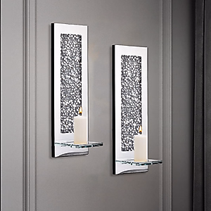 Pibeyer Crystal Crush Diamond Wall Candle Holder Set of 2, Rectangle Silver Mirrored Candle Sconces, Home Wall Decoration for Living Room,Dining Room & Bedroom