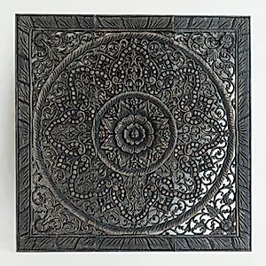 Black Wash Single Bed Headboard, Hand Carved Reclaim Teak Wooden Panels, Wood on Wall Art Hanging, Handmade in Thailand, 36 inches