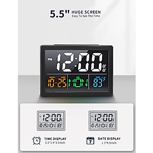 Digital Alarm Clock, with 5.5" Large LED Time Display, Adjustable Alarm Volume, 6 Level Brightness, Alarm Settings, USB Charger, Temperature Detect, Snooze, Clocks for Bedroom, Bedside, Desk, Black