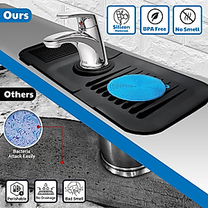 Draining Mat for Kitchen Sink, 14.5 x 5.5 Inches With 5° Slope Silicone Splash Guard, Protects Sinks from Splashing, Dish Soap Dispenser & Sponge Holder Mat Behind Faucet