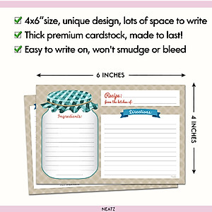 Neatz Mason Jar Recipe Cards - 50 Double Sided Cards, 4x6 inches. Thick Card Stock
