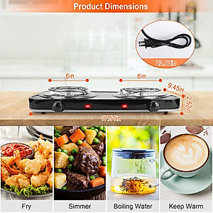 TeqHome Hot Plate, 2000W Portable Electric Stove for Cooking with 5 Levels Adjustable Temperature & Dual Control, Countertop Double Coil Burner Cast Iron Cooktop for All Cookwares Home Camp RV (Black)