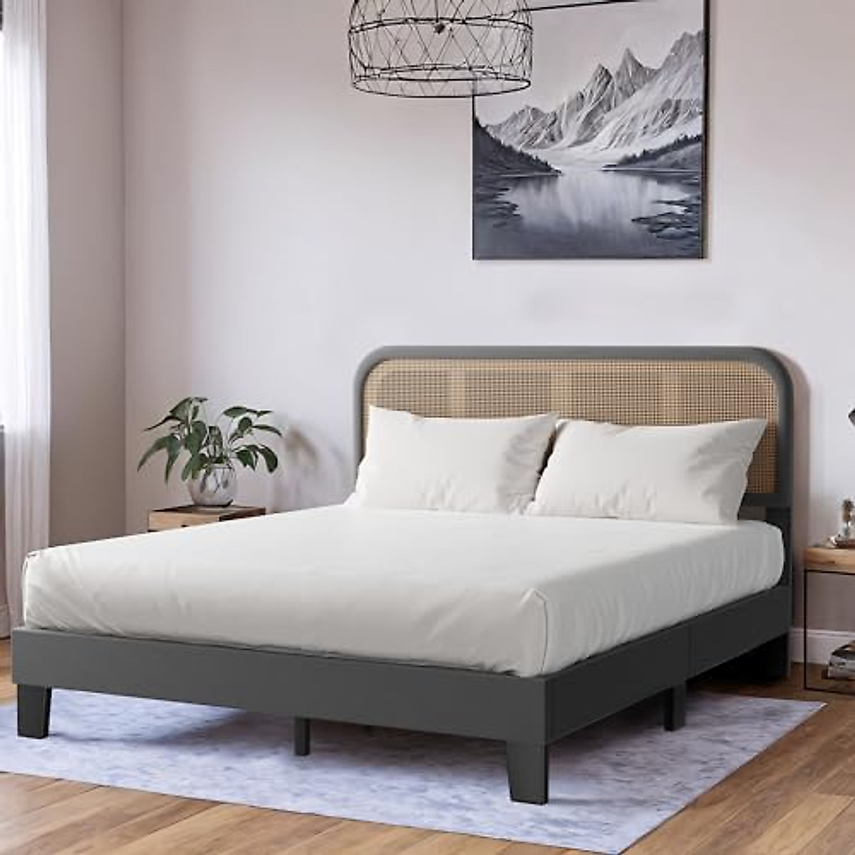 Lifezone Queen Bed Frame with Adjustable Rattan Headboard, Queen Size Bed Frame with Wood Slats Support, Safe Rounded Corner Design, Linen Fabric, High Feet, No Box Spring Needed, Light Grey