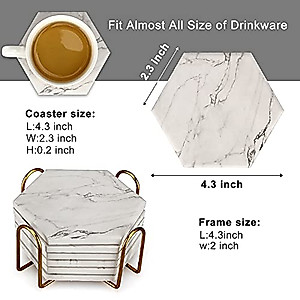 Hexagon Marble Coasters with Holder Absorbent Coaster Set Modern Drink Stone Coasters White Ceramic Coasters for Coffee Beverage Bar Coaster Best Thirstysone Table Coastes