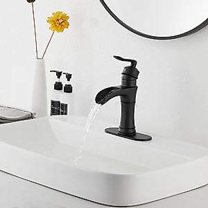 Waterfall Bathroom Faucet GGStudy Black Single Handle One Hole Farmhouse Matte Black Bathroom Vanity Faucet Basin Mixter Tap Deck Mount with Drain Assembly