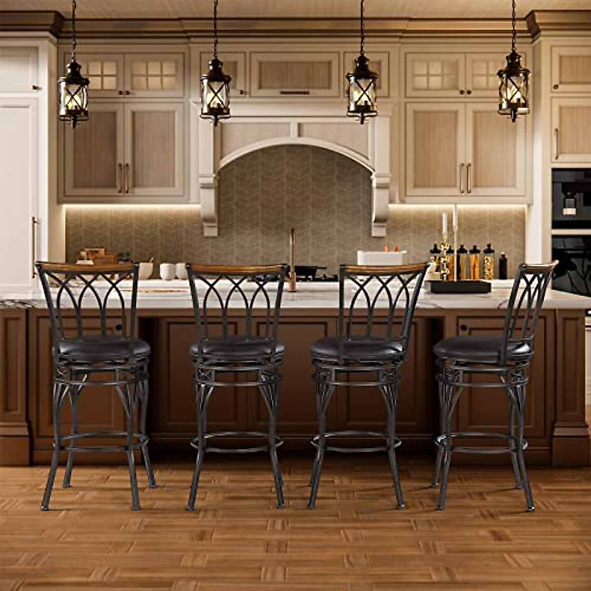 KATDANS Swivel Bar Stools Set of 2, 24-29 Inch Adjustable Seat Height Bar Stool with Back, Brown Leather Kitchen Island Stools for Pub, Bistro, Restaurant, Brown Seat-Black Metal Frame, KS902P