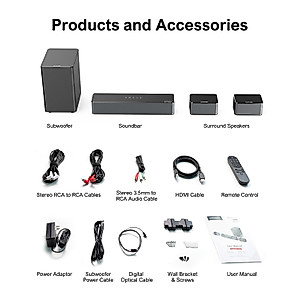 ULTIMEA 5.1 Sound Bar Compatible with Dolby Atmos, Peak Power 410W, Sound Bar for Smart TV with Subwoofer, 3D Surround Sound System for TV, Surround and Bass Adjustable Home Theater, Poseidon D60