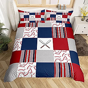 Baseball Printed Duvet Cover Queen for Boys Girls Kids Red Navy Grid Striped Bedding Set Ball Games Comforter Cover Child Modern Sports Style Decor Bedspread Quilt Cover for Kids Dorm Room,Soft,Zipper