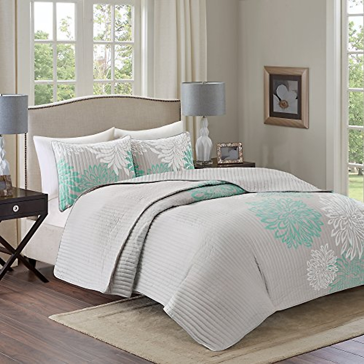 Comfort Spaces Enya Quilt Set - Casual Floral Print Channel Stitching Design, All Season, Lightweight Coverlet, Cozy Bedding, Matching Shams, Decorative Pillows, Full/Queen(90"x90"), Aqua 3 Piece