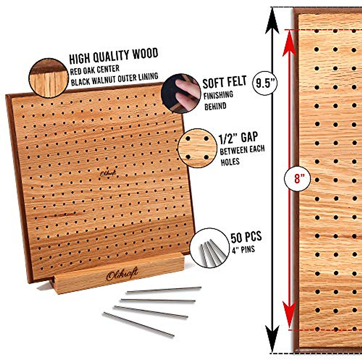 Olikraft Handcrafted Wooden Blocking Board - Excellent Gifts for Knitting Crochet and Granny Squares Lovers - Full Kit with 50 4-inches Stainless Steel Rod Pins, Stand Included (8 inches)