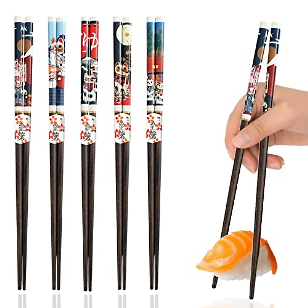 WORCAS 5 Pairs Hardwood Chopsticks Reusable， 9.0Inch/23cm Japanese Style Natural Wood Chop Stick Hand-Carved Chopstick (Anti ceramic pattern)