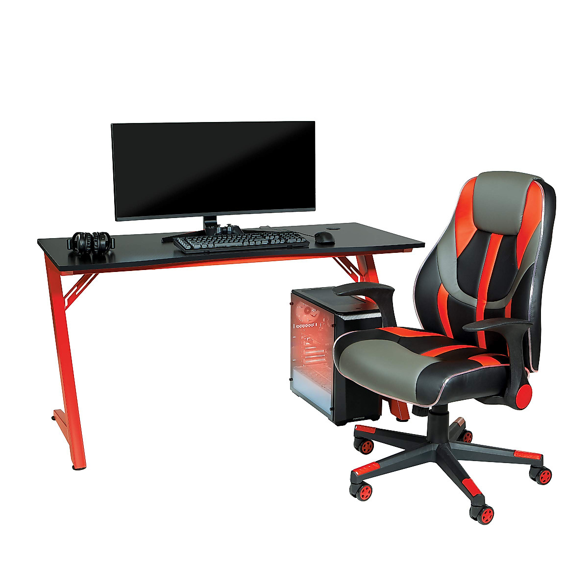 OSP Home Furnishings Beta Battlestation Gaming Desk with Bluetooth RGB LED Lights, Matte Red