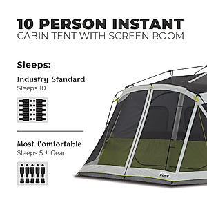 CORE 10 Person Instant Cabin Tent | 2 Room Huge Tent with Screen Room for Family with Storage Pockets for Camping Accessories | Portable Large Pop Up Tent for 2 Minute Camp Setup