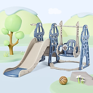 4 in 1 Toddler Slide and Swing Set, Kid Slide for Toddlers Age 1-2, Baby Slide with Basketball Hoop, Indoor Outdoor Slide Toddler Playset Toddler Playground– Blue