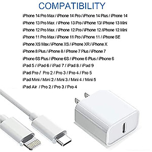 iPhone Fast Charger【Apple MFi Certified】 Cell Phone Wall Chargers iPhone Charging 20W PD Adapter with 6FT Type-C Lightning Cable Compatible with iPhone 14 13 12 11/Xs Max/XR/X and More