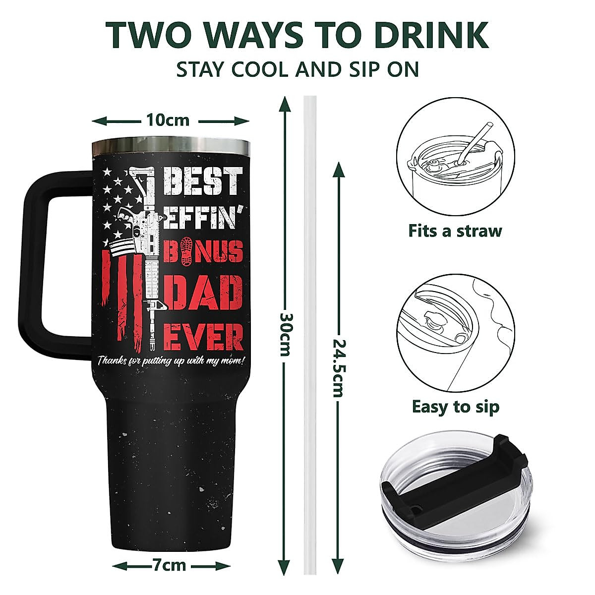 34HD Best Bonus Dad Tumbler with Handle & Straw, 40oz Vacuum Insulated Stepdad Cup with Nutrition Facts, Birthday Christmas Father Day Gifts for Adopted Stepup Dad Chosen Papa Stepfather