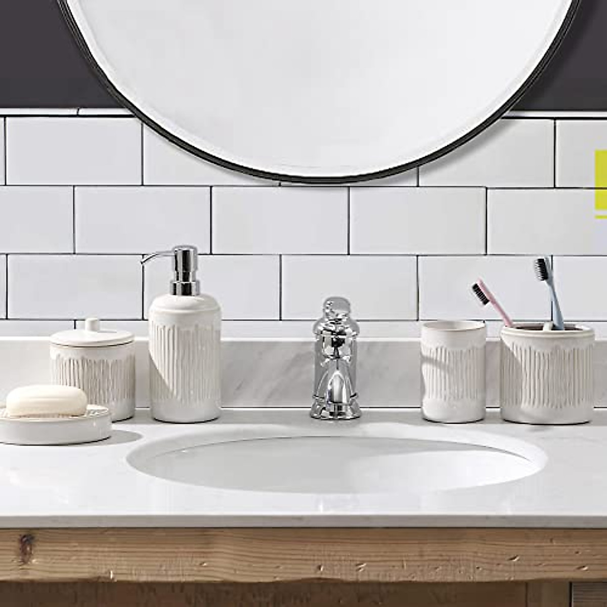 Motifeur Bathroom Accessories Set, 5-Piece Ceramic Bath Accessory Complete Set with Lotion Dispenser/Soap Pump, Cotton Jar, Soap Dish, Tumbler and Toothbrush Holder (Ivory White)