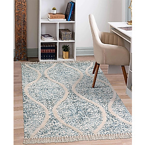 Uphome Boho Area Rug 4' x 6' Washable Vintage Printed Living Room Rug Blue Tufted Distressed Bedroom Rug with Tassels Cotton Farmhouse Floor Carpet for Dining Entryway Kids' Room